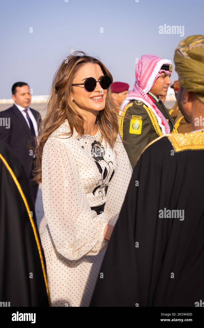 Queen Rania Al Abdullah of Jordan arrives at Muscat airport, Oman, on ...