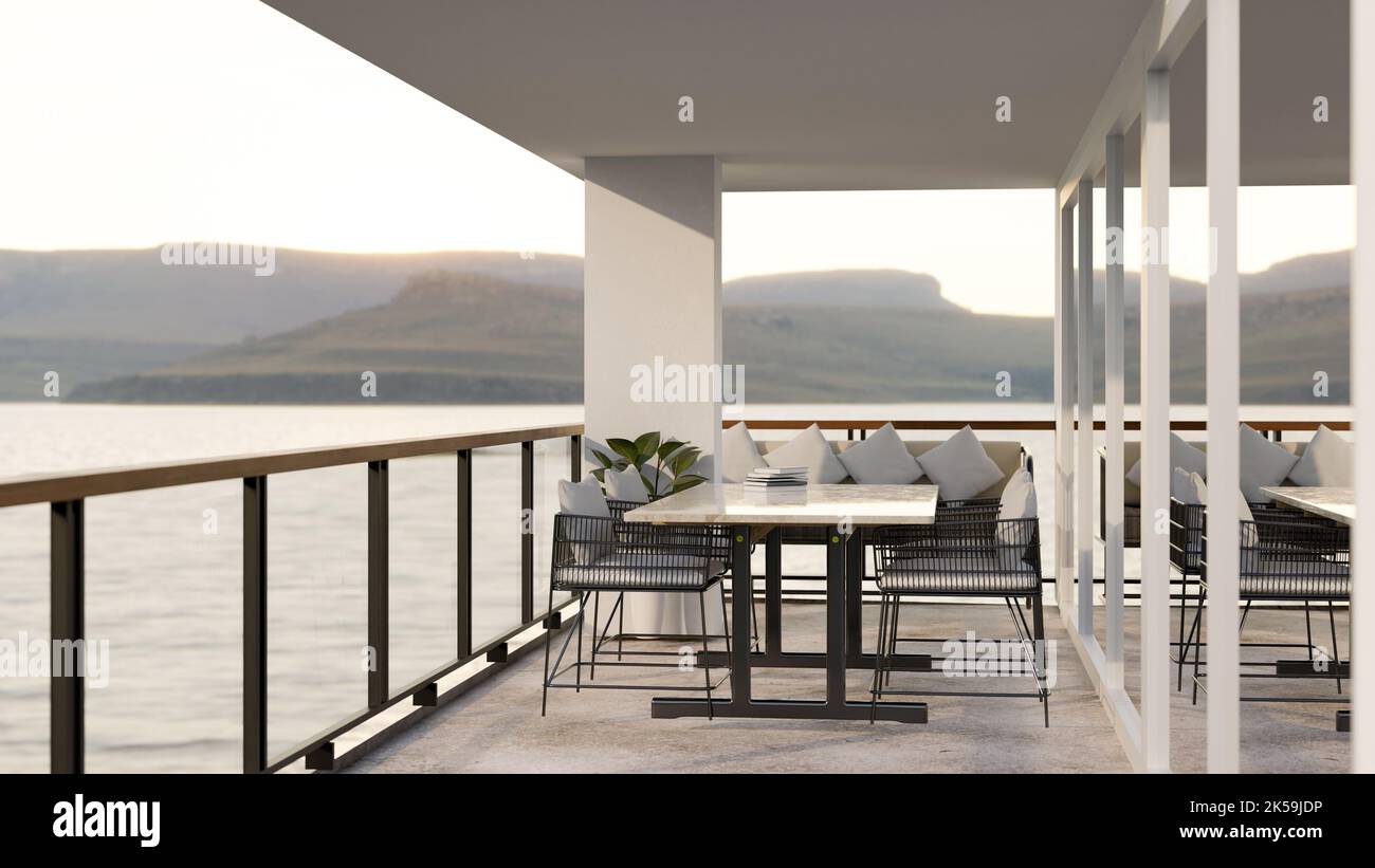 Modern and comfortable home outdoor relaxing area at the balcony or ...