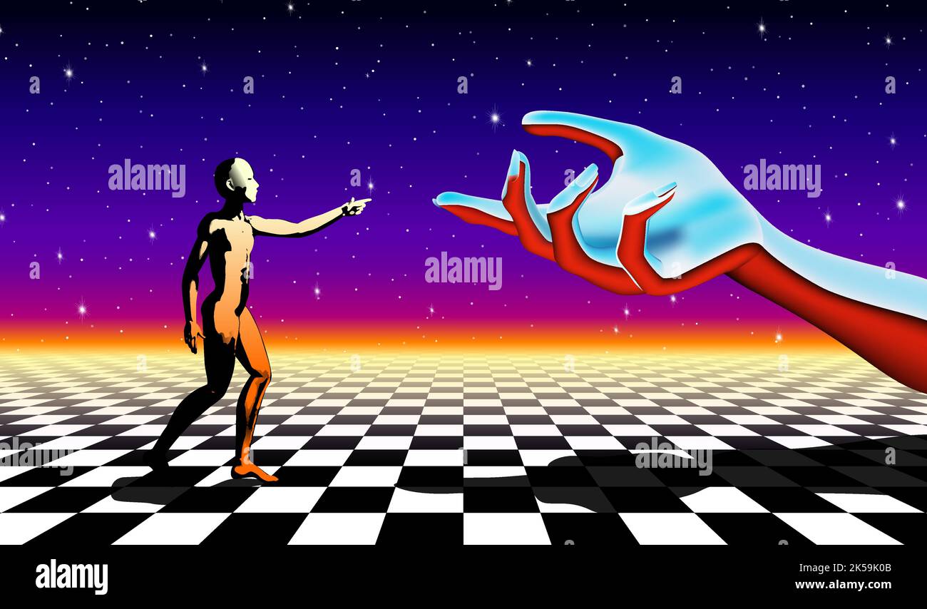 Futuristic chrome cyborg hand touching the black hole portal in 80s ...