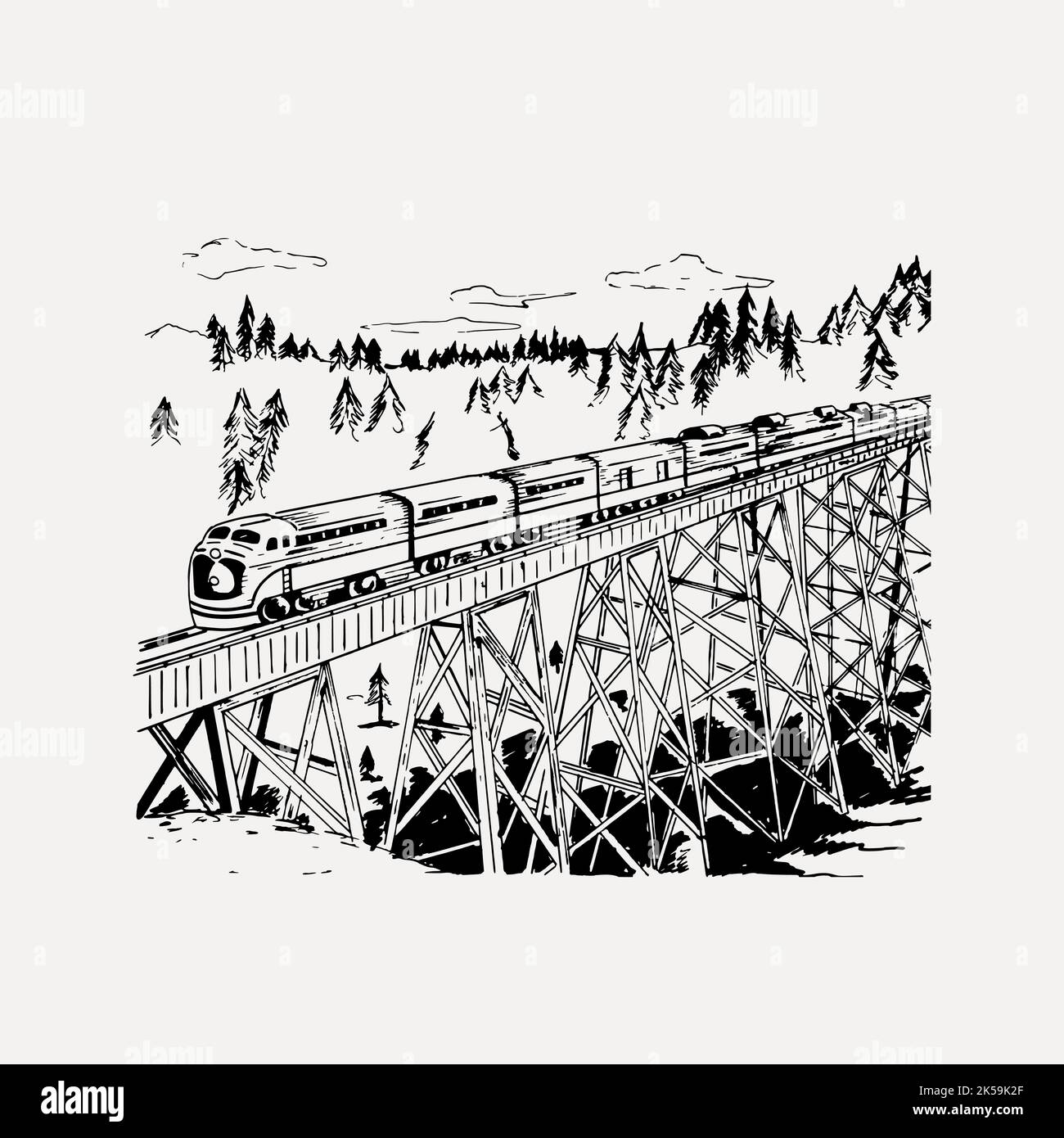 Train on trestle drawing, vintage transportation illustration vector ...