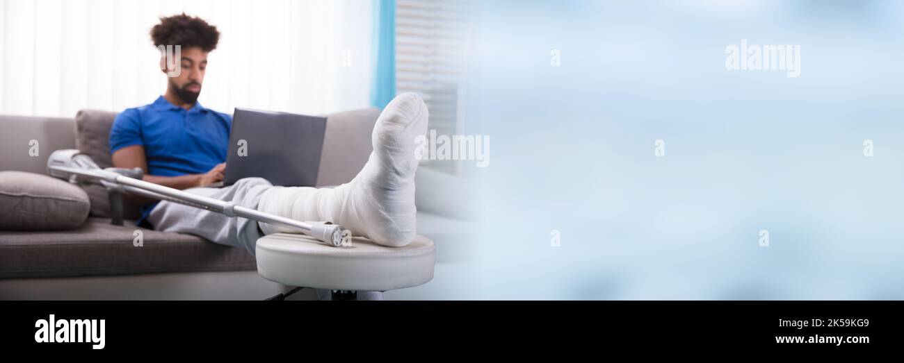 Injured Man Broken Leg Cast. African American Home Accident Stock Photo ...