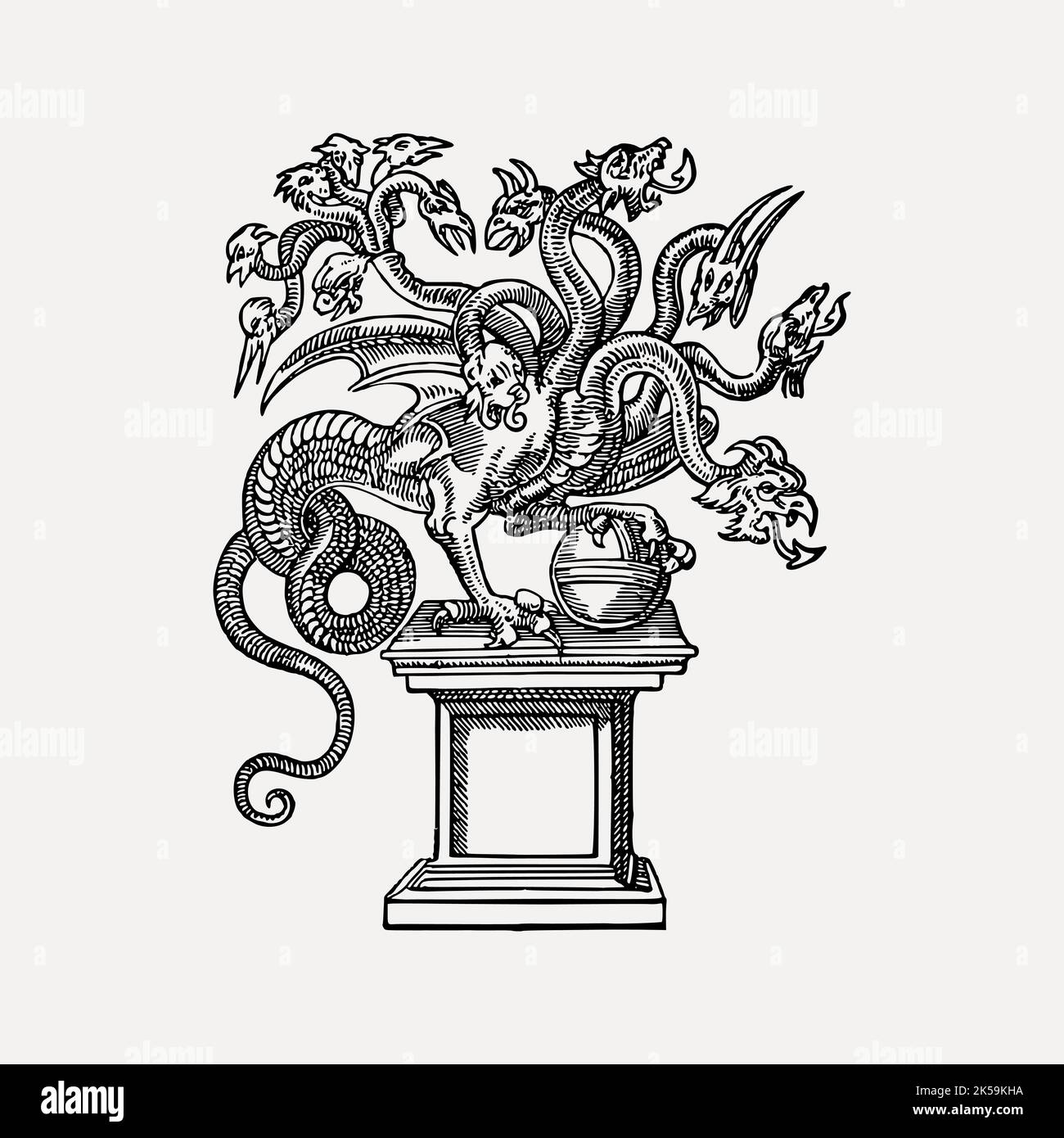 Hydra statue drawing, vintage myth creature illustration vector Stock ...