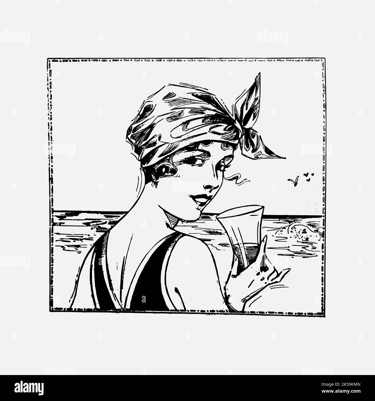 Summer woman portrait drawing, vintage illustration vector Stock Vector ...