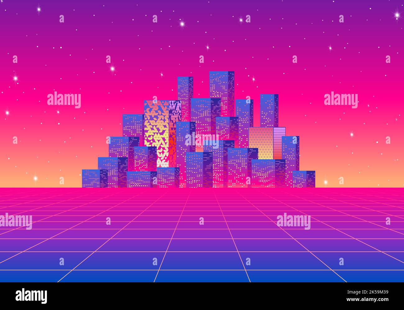 Neon city landscape with synthwave or 80s style. Abstract skyline ...