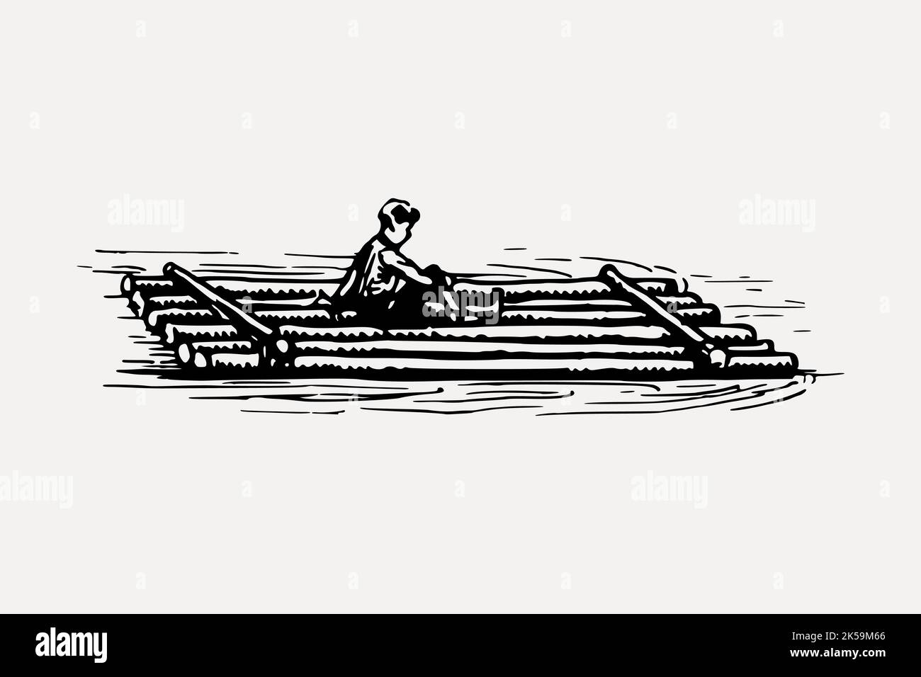 Boy on raft drawing, vintage transportation illustration vector Stock ...