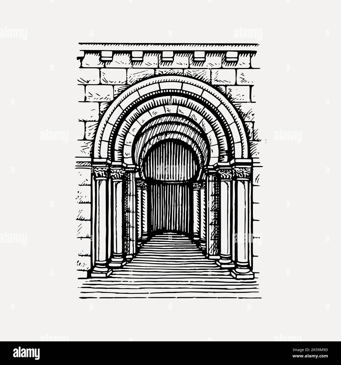 Romanesque arch drawing, vintage architecture illustration vector Stock ...