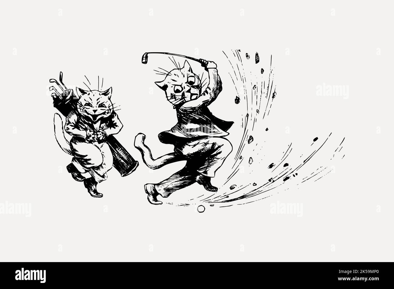 Cat playing golf drawing, vintage animal illustration vector Stock ...