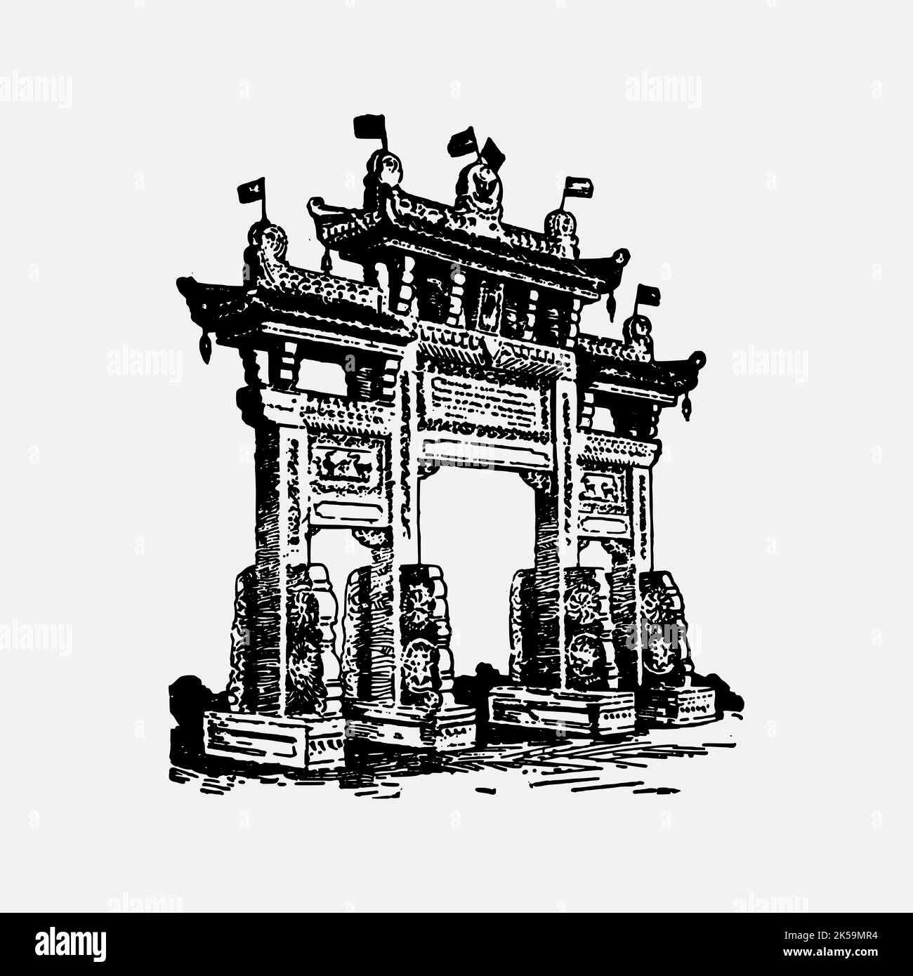 Chinatown gate drawing, vintage architecture illustration vector Stock ...
