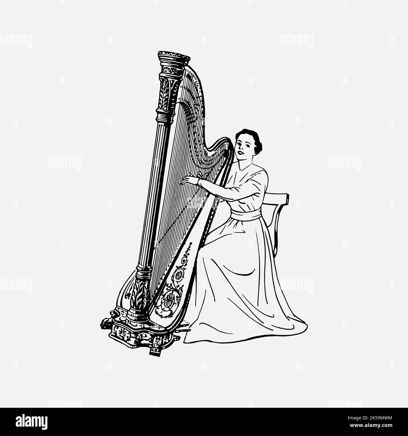 Woman playing harp drawing, vintage illustration vector Stock Vector ...