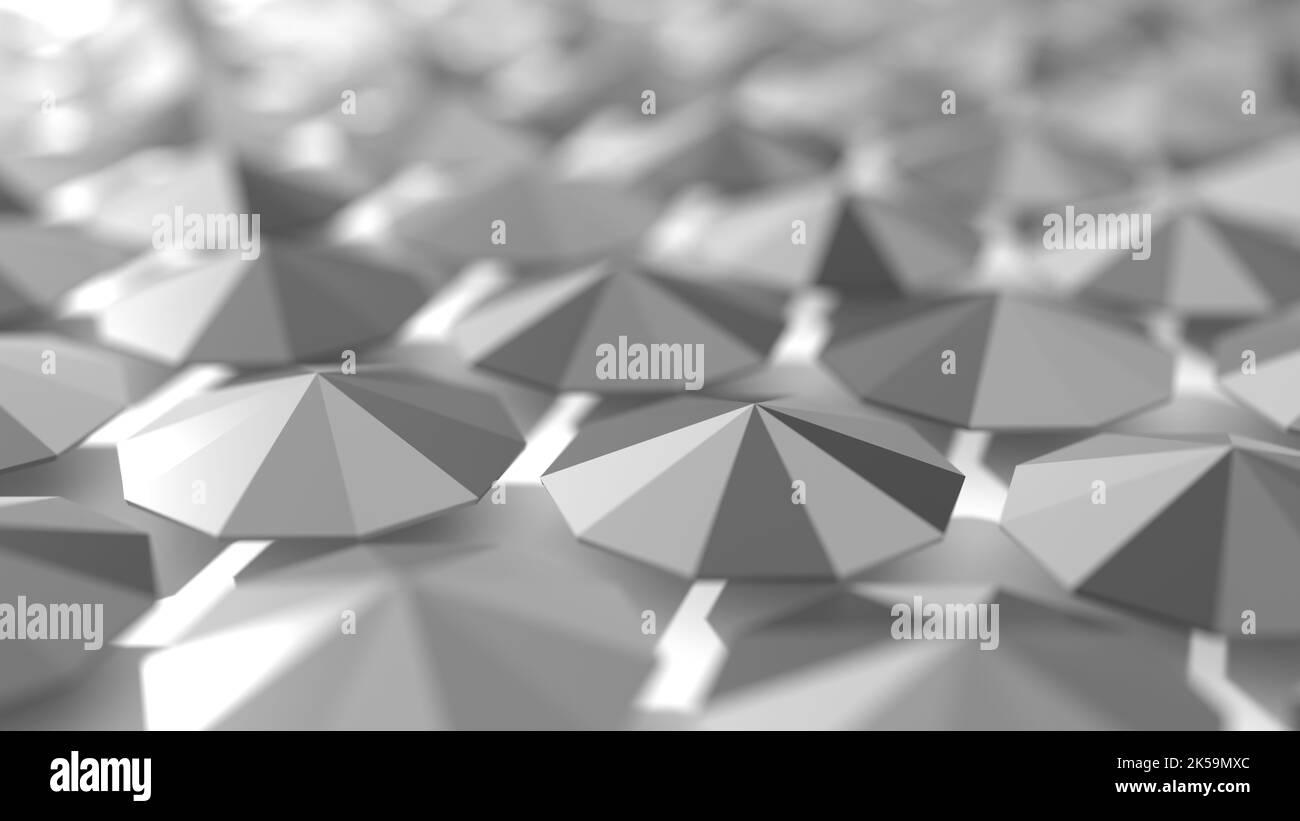 3D rendering of collection of n-gon objects resembling beach umbrellas ...