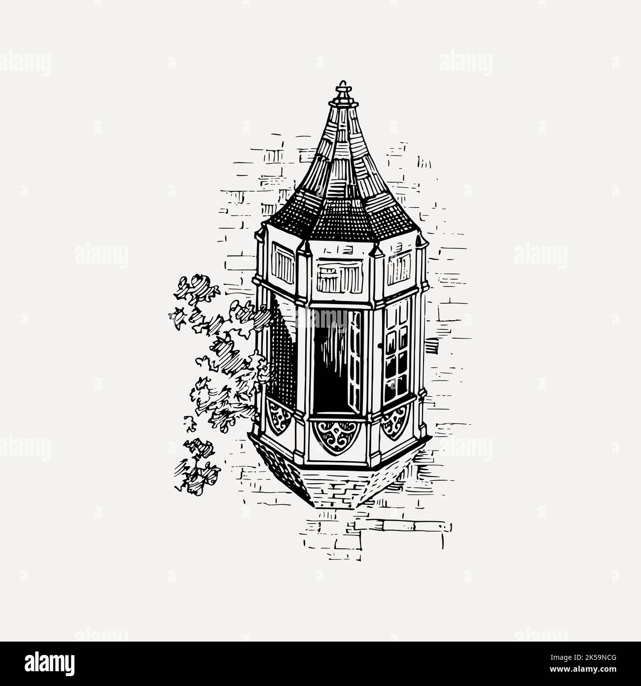 Oriel window drawing, vintage architecture illustration vector Stock ...