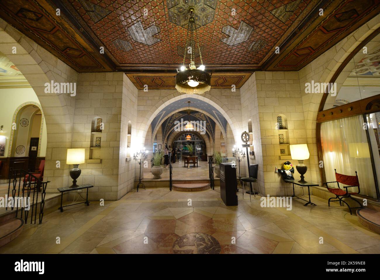 The beautiful lobby of the hotel inside the YMCA building in Jerusalem ...