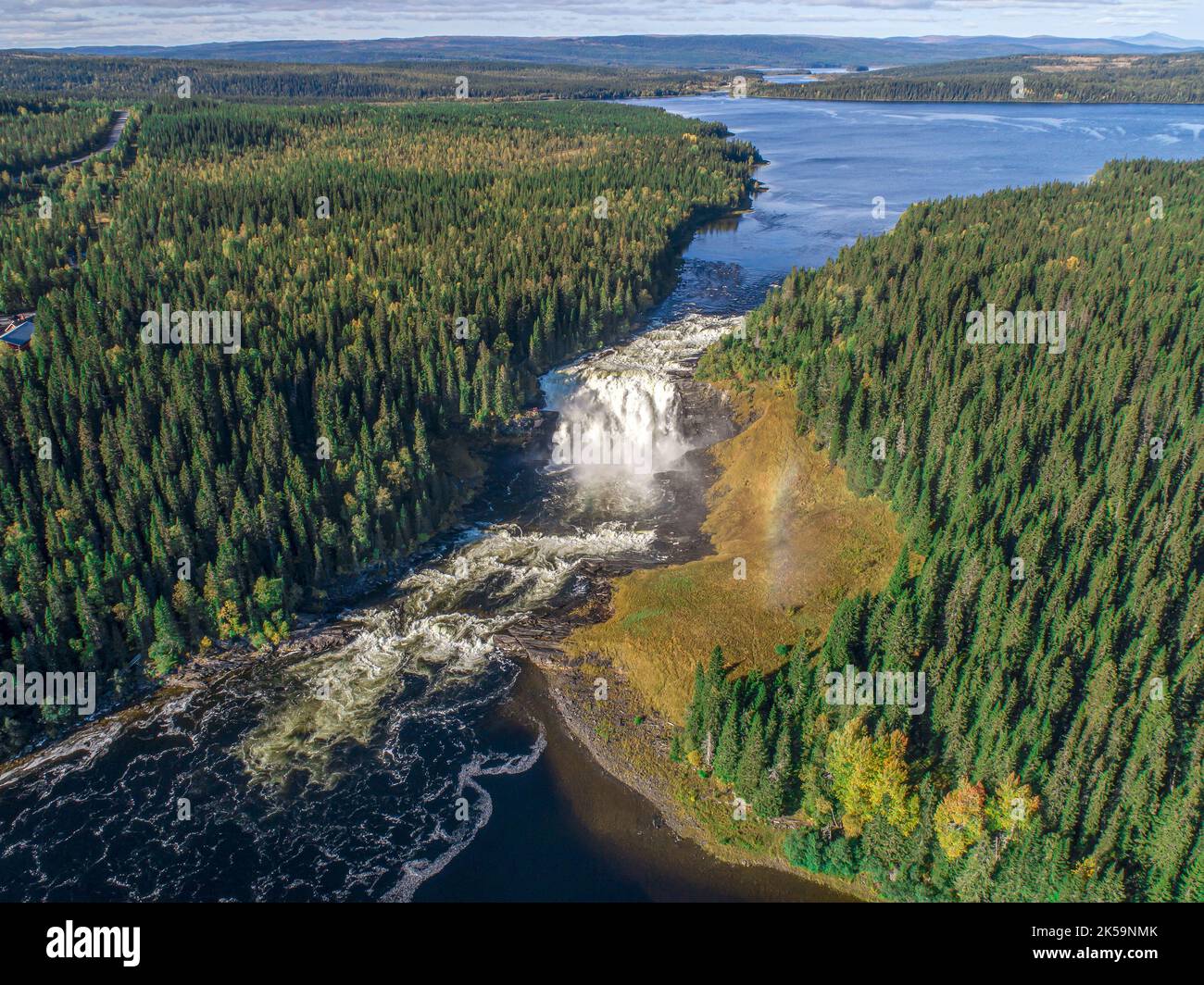 Aerial view of the famous waterfall Tannforsen in northern Sweden, with ...