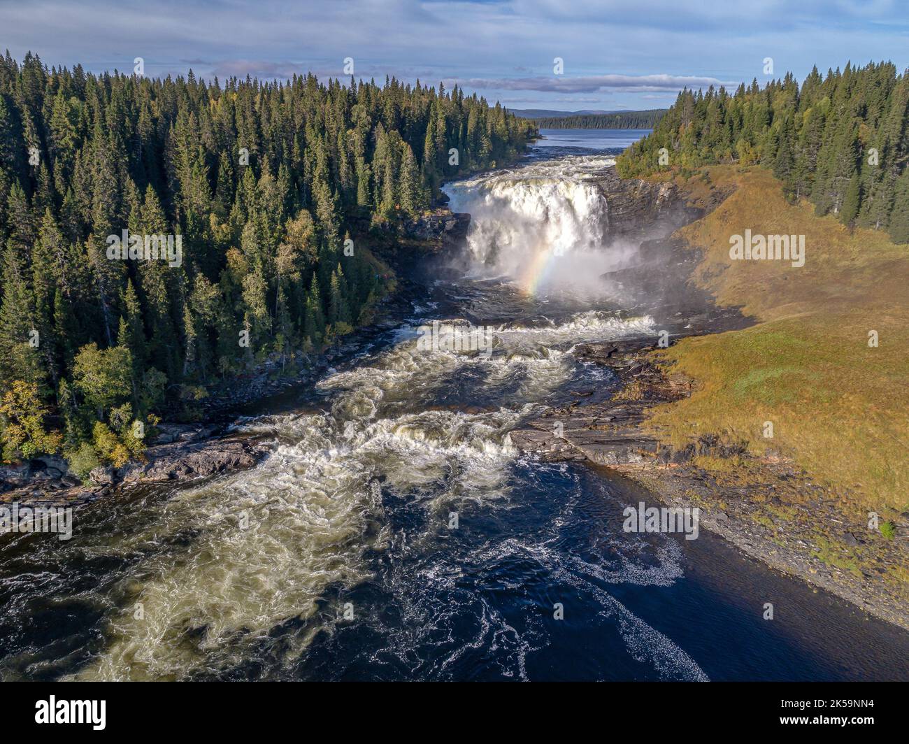 Aerial view of the famous waterfall Tannforsen in northern Sweden, with ...