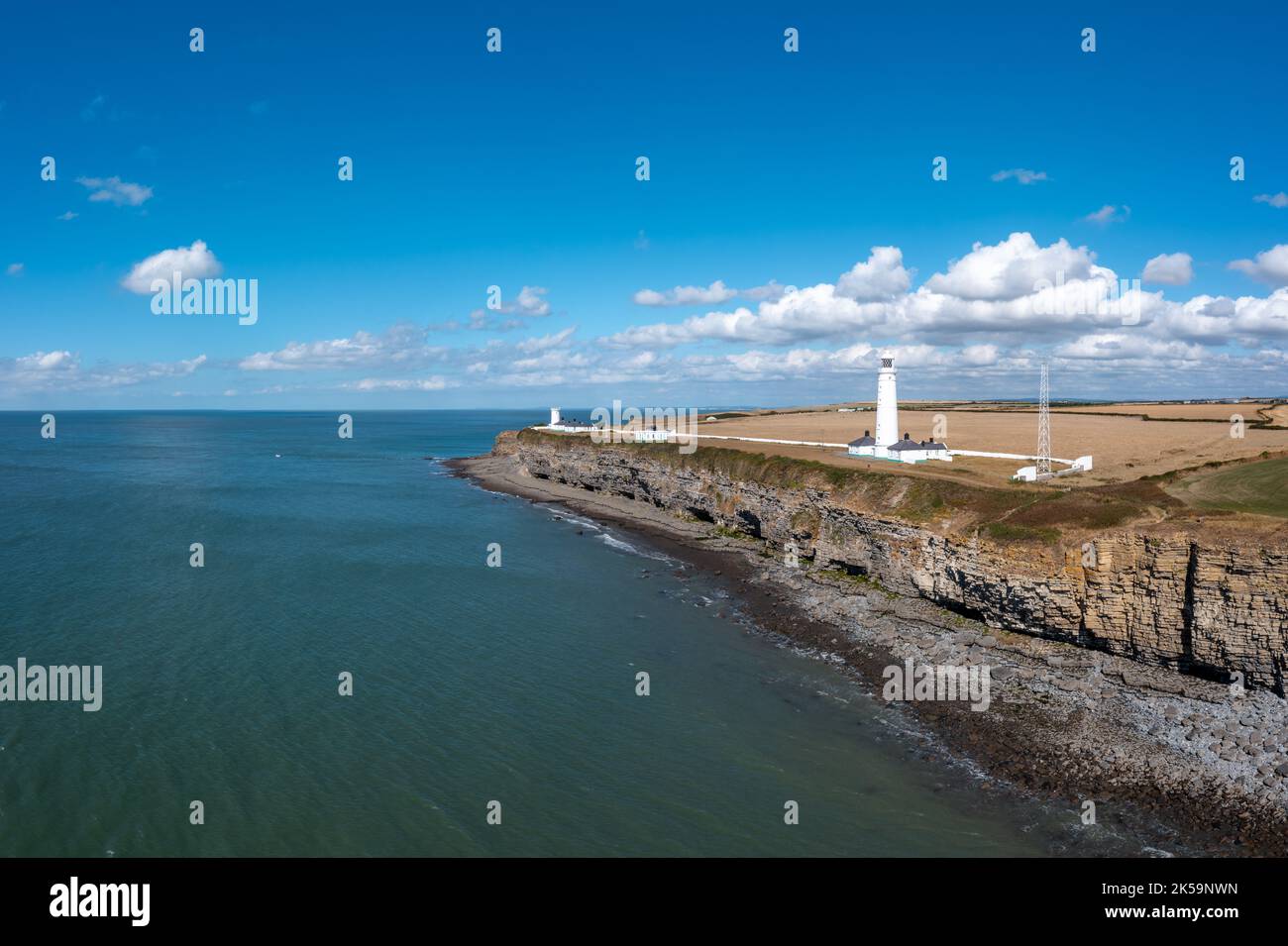 aerial landscape view of the Nash Point Lighthouse and Monknash Coast ...