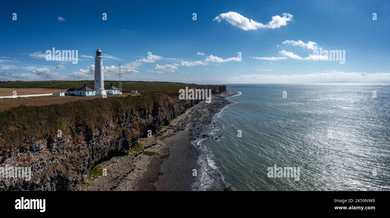 aerial landscape view of the Nash Point Lighthouse and Monknash Coast ...