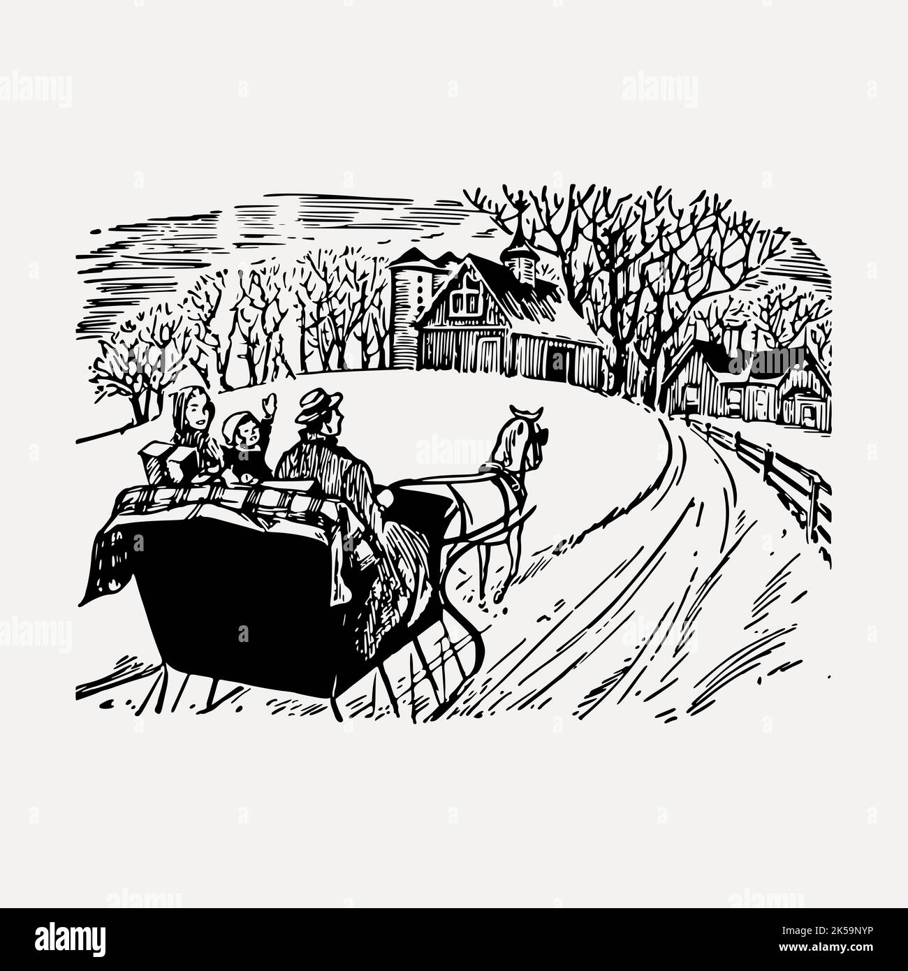 Winter sleigh ride clipart, vintage hand drawn vector Stock Vector ...