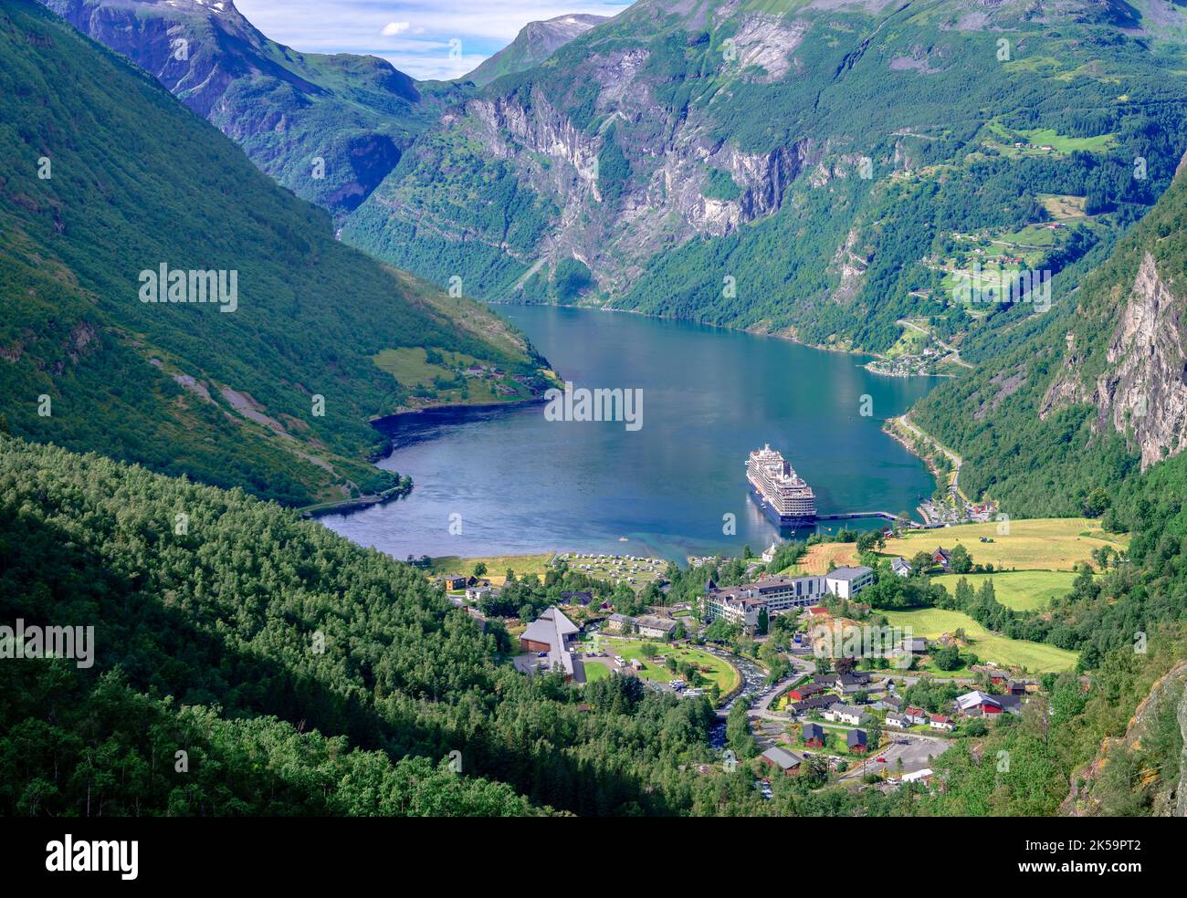 Panoramic view of Geiranger, a small tourist village at the head of the ...