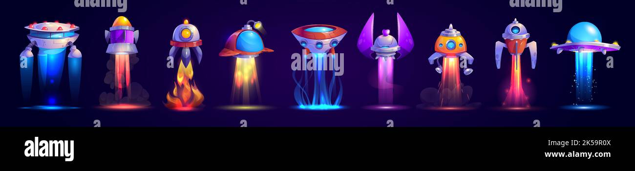 Alien space ships, cartoon ufo saucers and rockets take off with fire ...