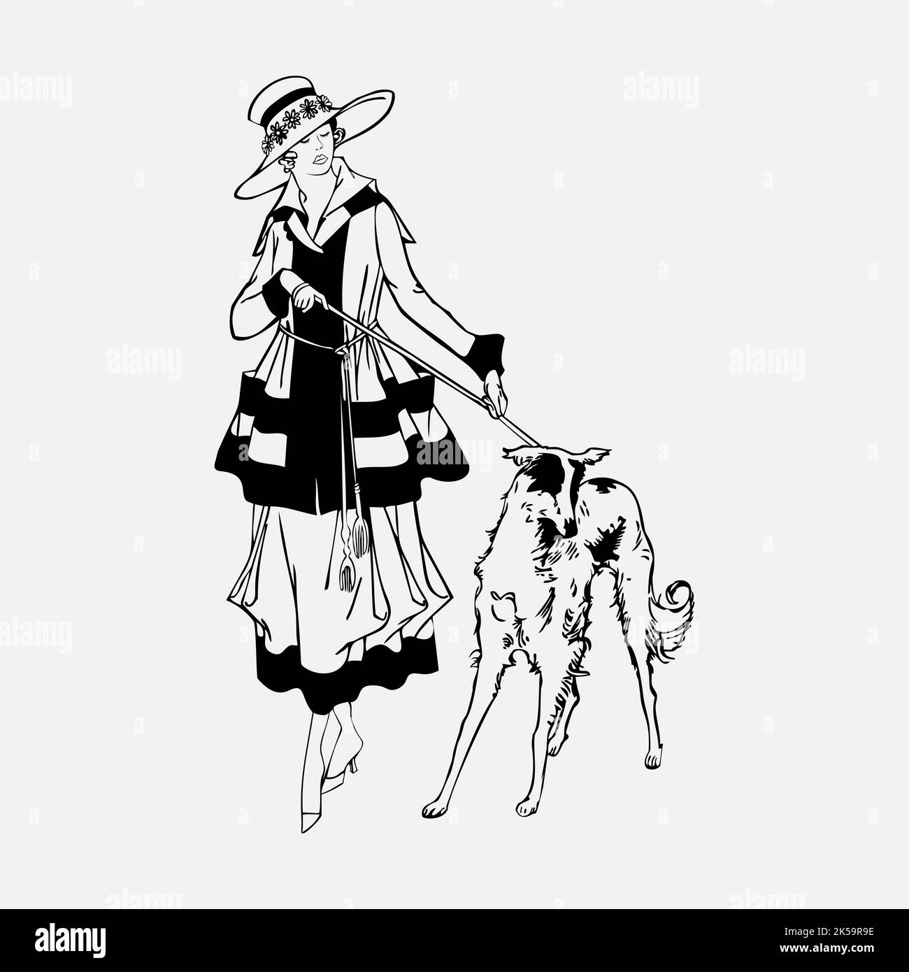 Lady walking dog clipart, vintage hand drawn vector Stock Vector Image ...