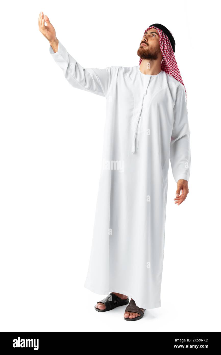 Young Arab man pointing hand isolated on white background Stock Photo ...