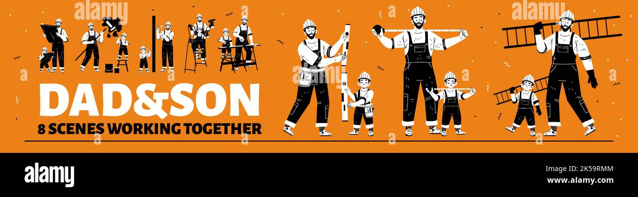 Dad and son builders working together. Father with child repair service ...