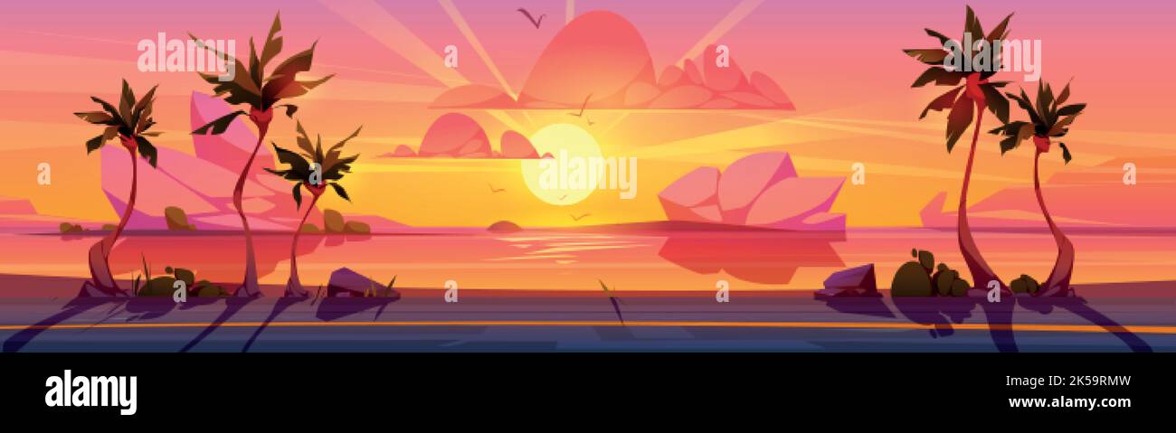 Tropical sunset and coastal road cartoon illustration. Vector design of ...