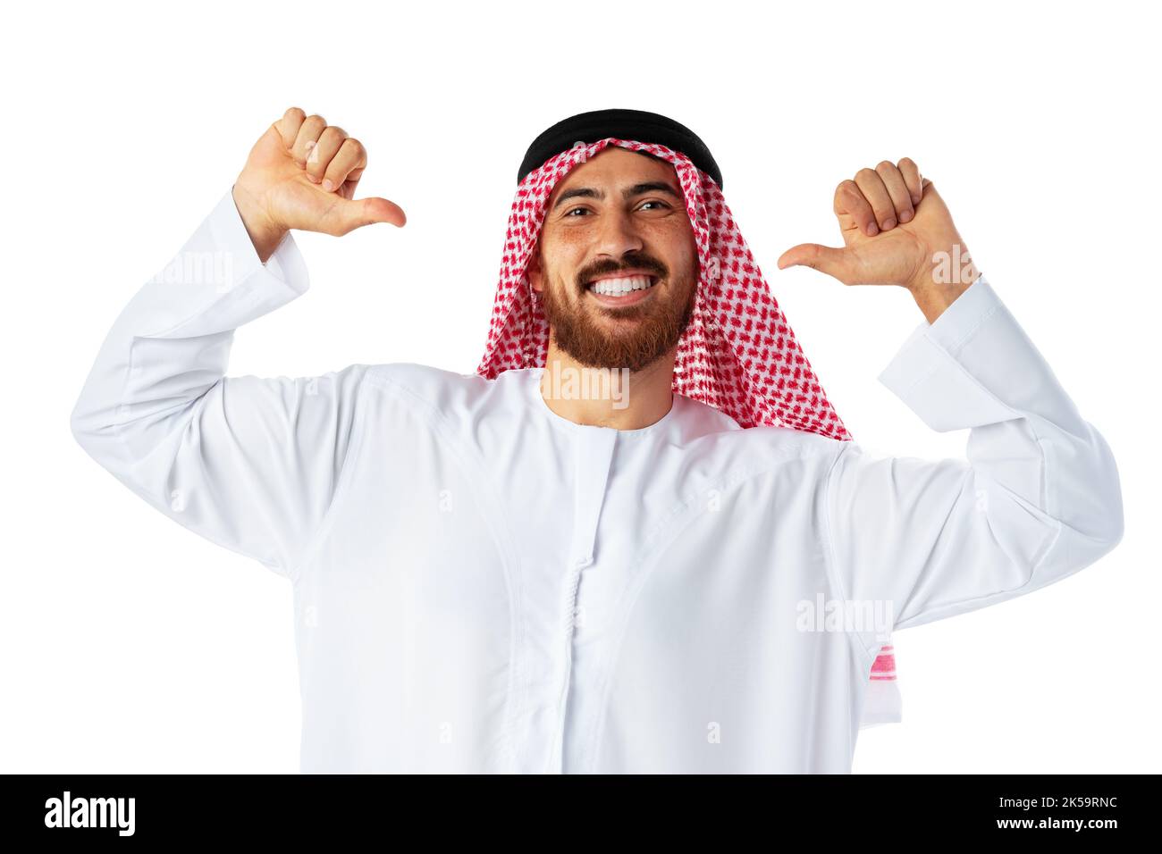 Young Arab man in traditional clothing pointing on himself on white ...