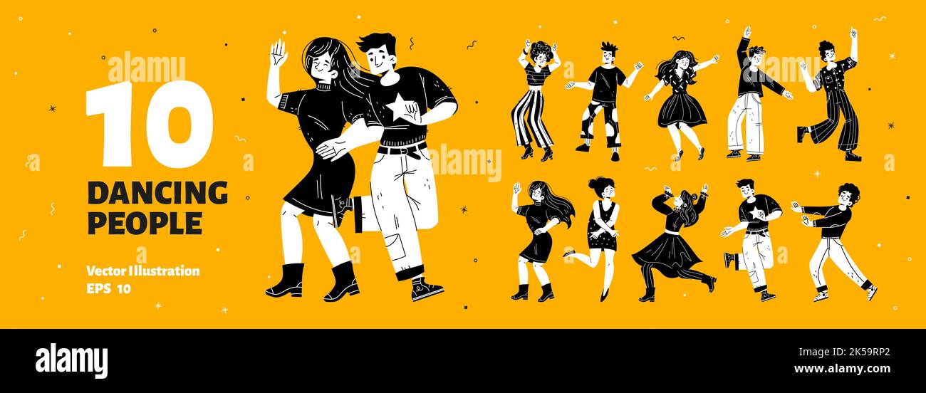 Happy dancing men and women set. Diverse happy characters, excited ...