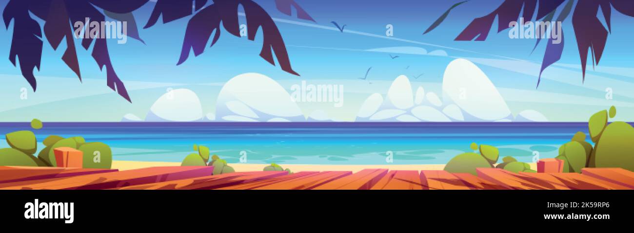 Tropical beach view from wooden plank, table top or terrace. Exotic ...