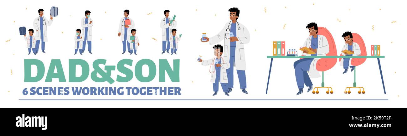 Dad doctor with son with stethoscopes and glasses work together. Boy ...