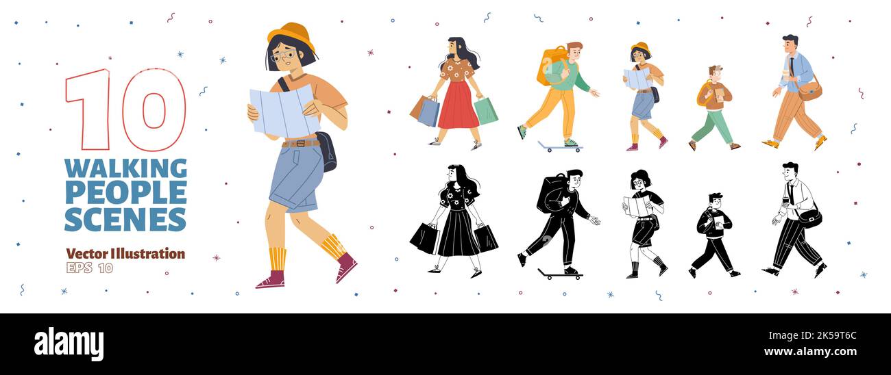 Walking people scenes set. Woman with shopping bags, girl tourist with ...