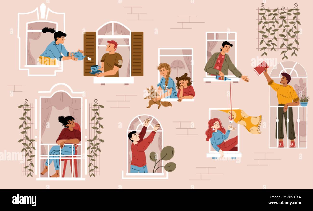 Neighbors communication, neighborhood, coliving, mutual help concept ...