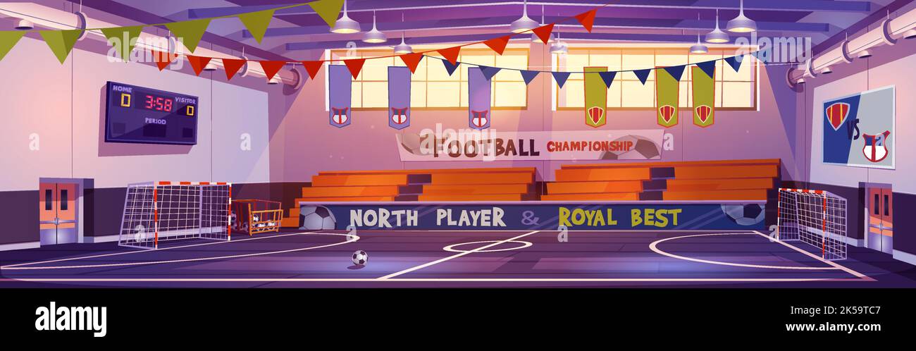 School court interior with soccer or football equipment. Sports arena ...