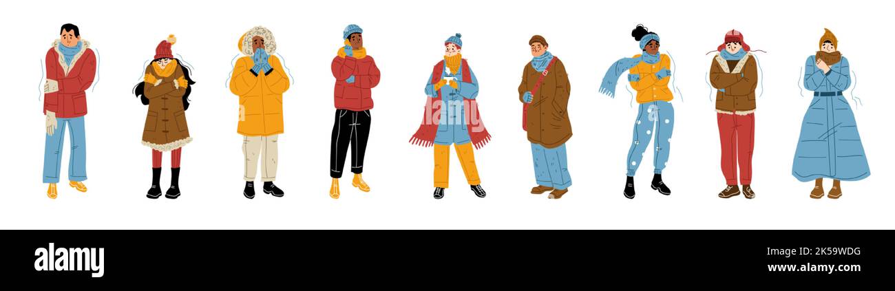 People freeze and shiver at cold weather. Isolated characters wear warm ...