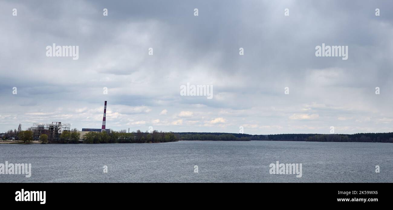 Landscape of power plant against the nature background. View of power ...