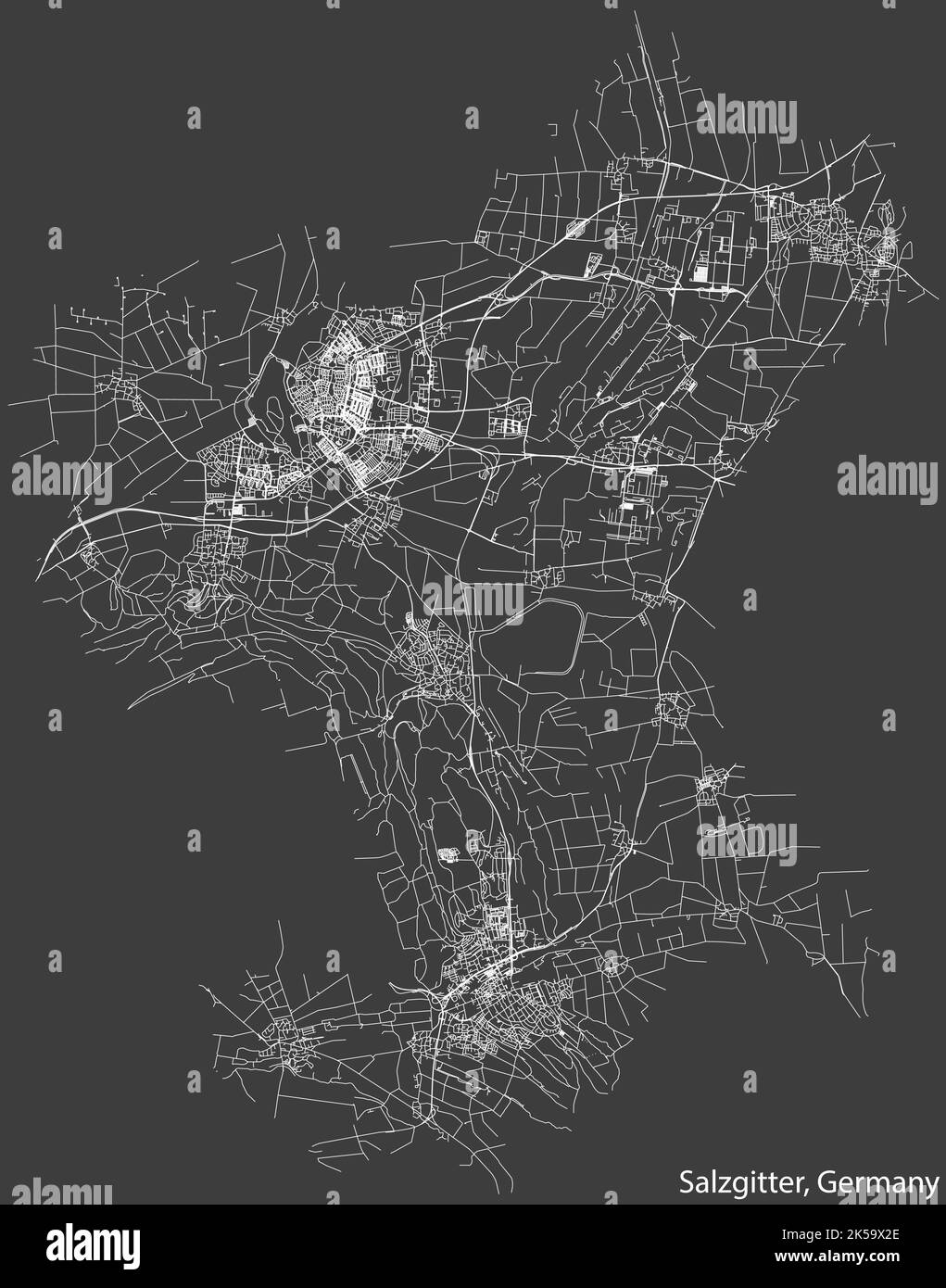 Detailed negative navigation white lines urban street roads map of the ...