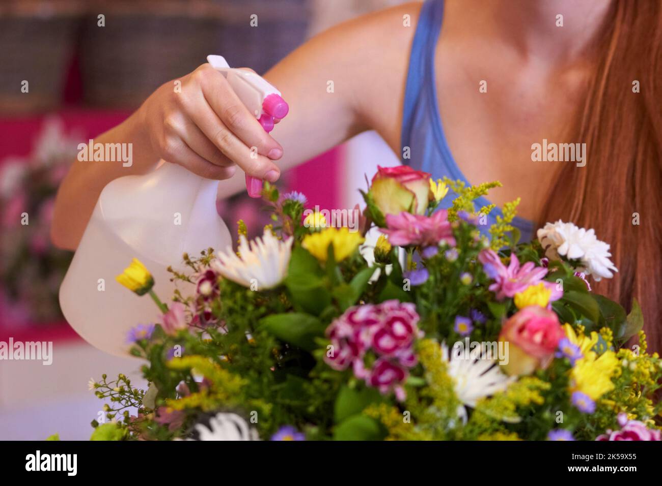 Only the freshest flowers. a florist spraying water onto a colourful ...