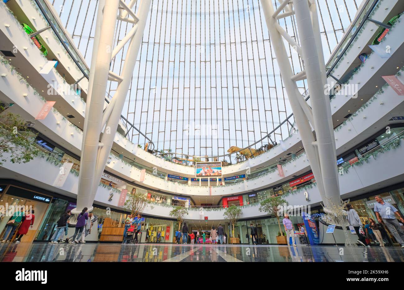 Interior atrium view with steel trusses of the Norman Foster design of ...