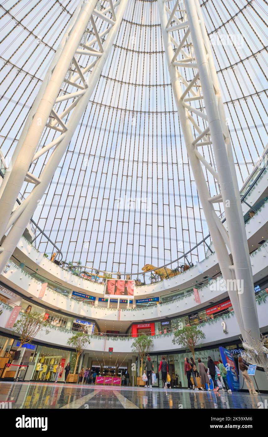 Interior atrium view with steel trusses of the Norman Foster design of ...