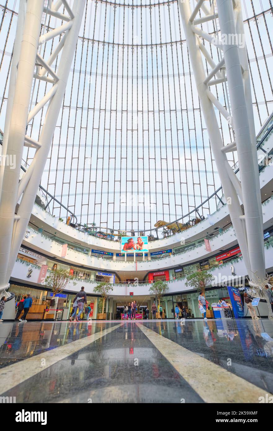 Interior atrium view with steel trusses of the Norman Foster design of ...