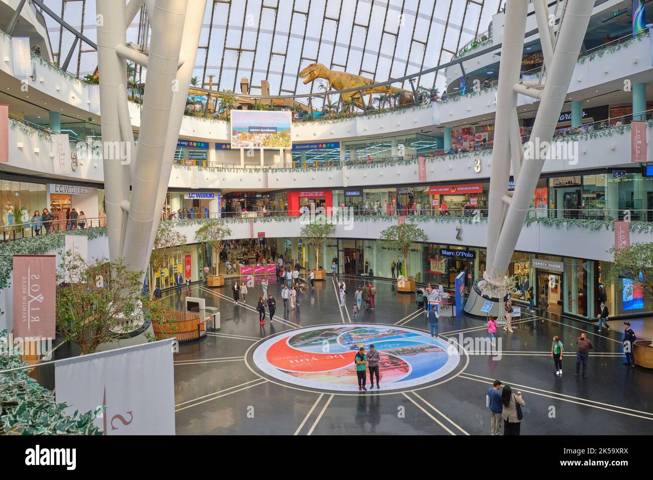 Interior atrium view with steel trusses of the Norman Foster design of ...