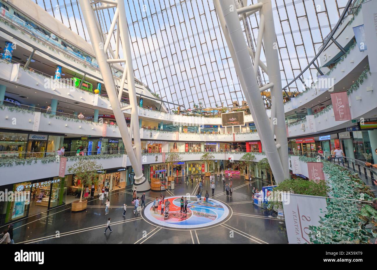 Interior atrium view with steel trusses of the Norman Foster design of ...