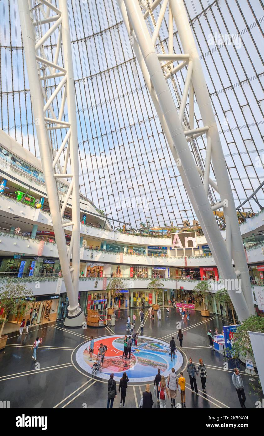 Interior atrium view with steel trusses of the Norman Foster design of ...