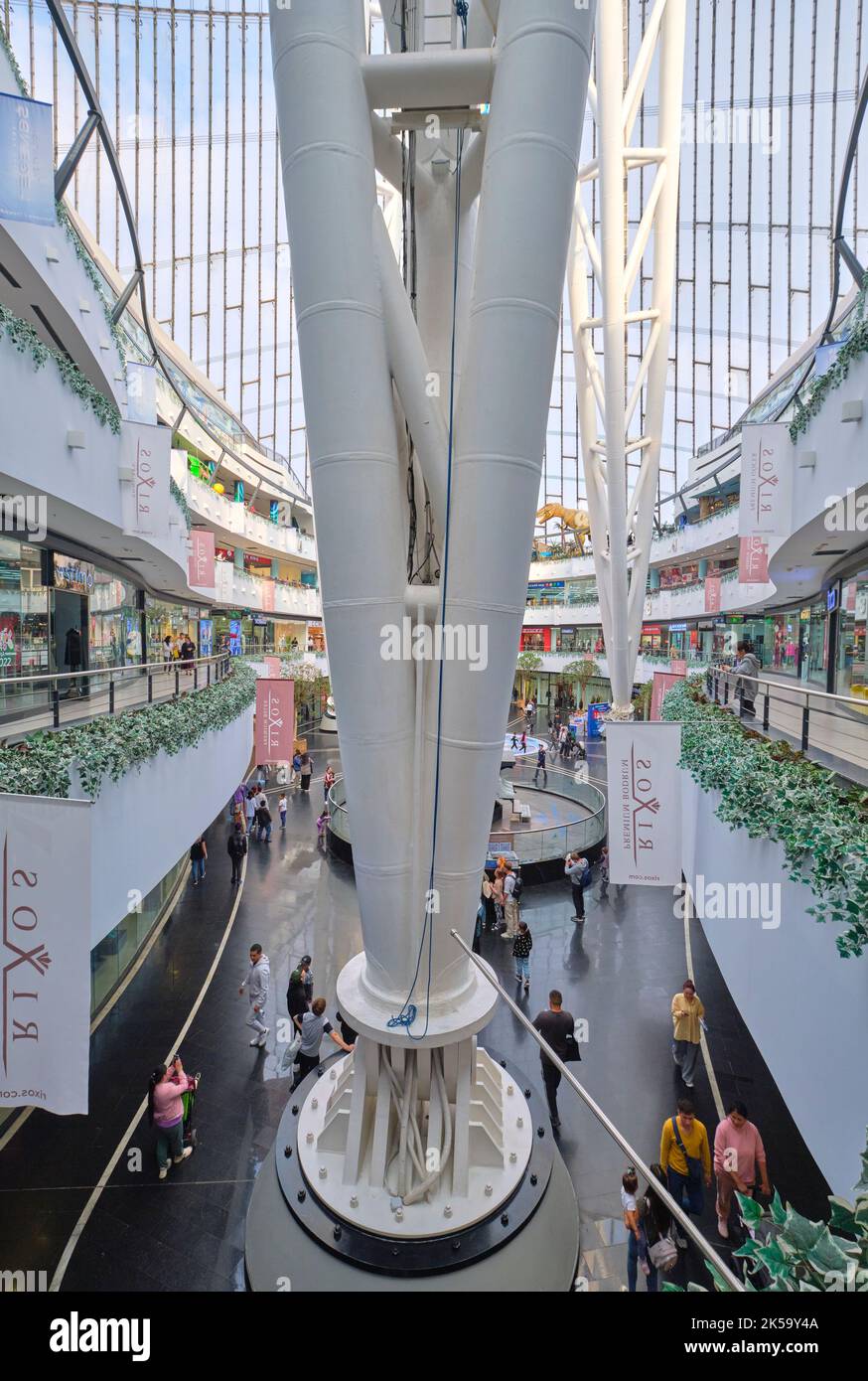 Interior atrium view with steel trusses of the Norman Foster design of ...