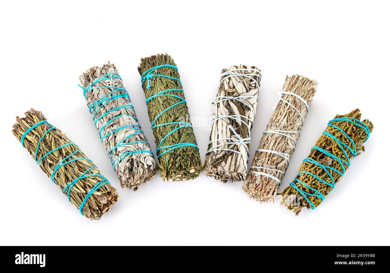 white sage incense group, in front of white background Stock Photo - Alamy