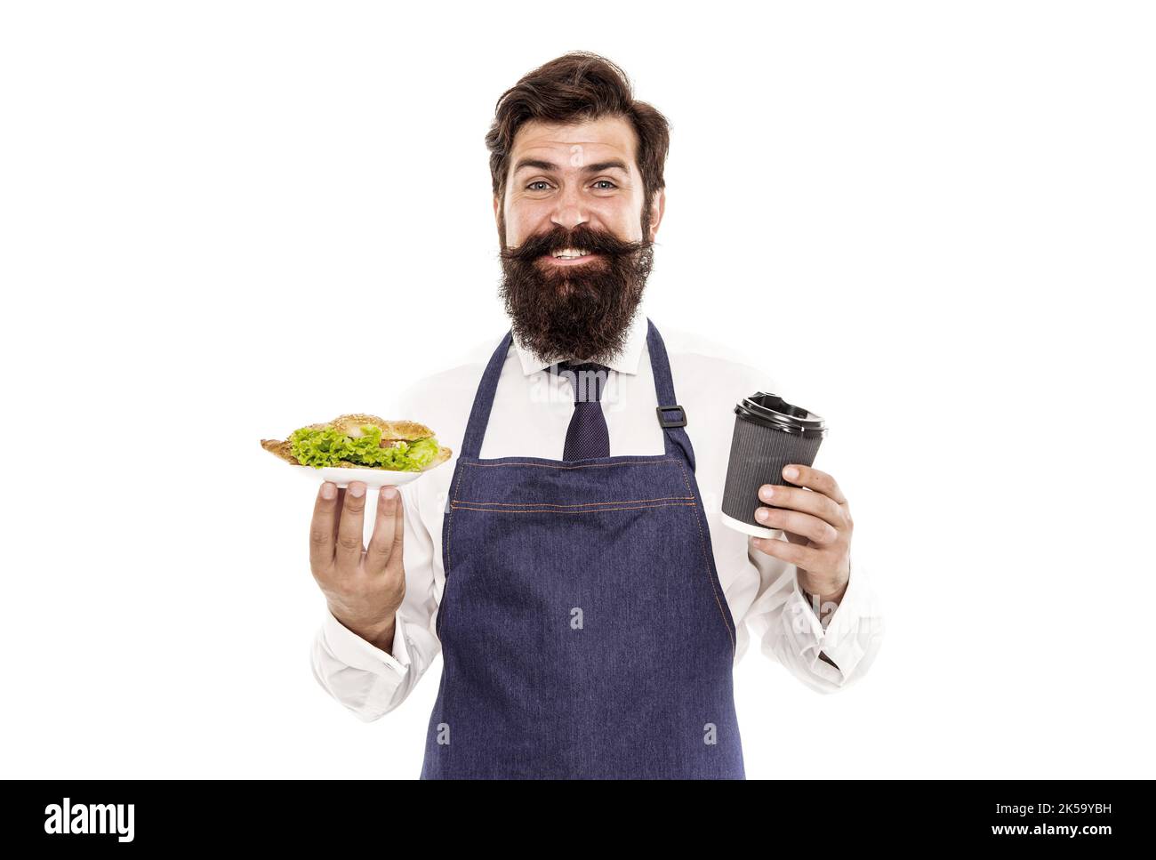 Enjoy your meal. Guy serving croissant stuffed lettuce and fresh ...