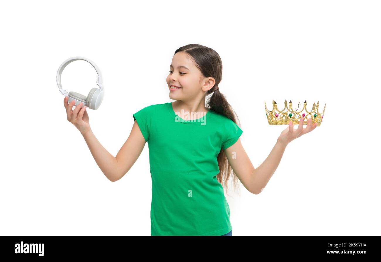 Privilege of premium music account. Little girl listen music modern ...