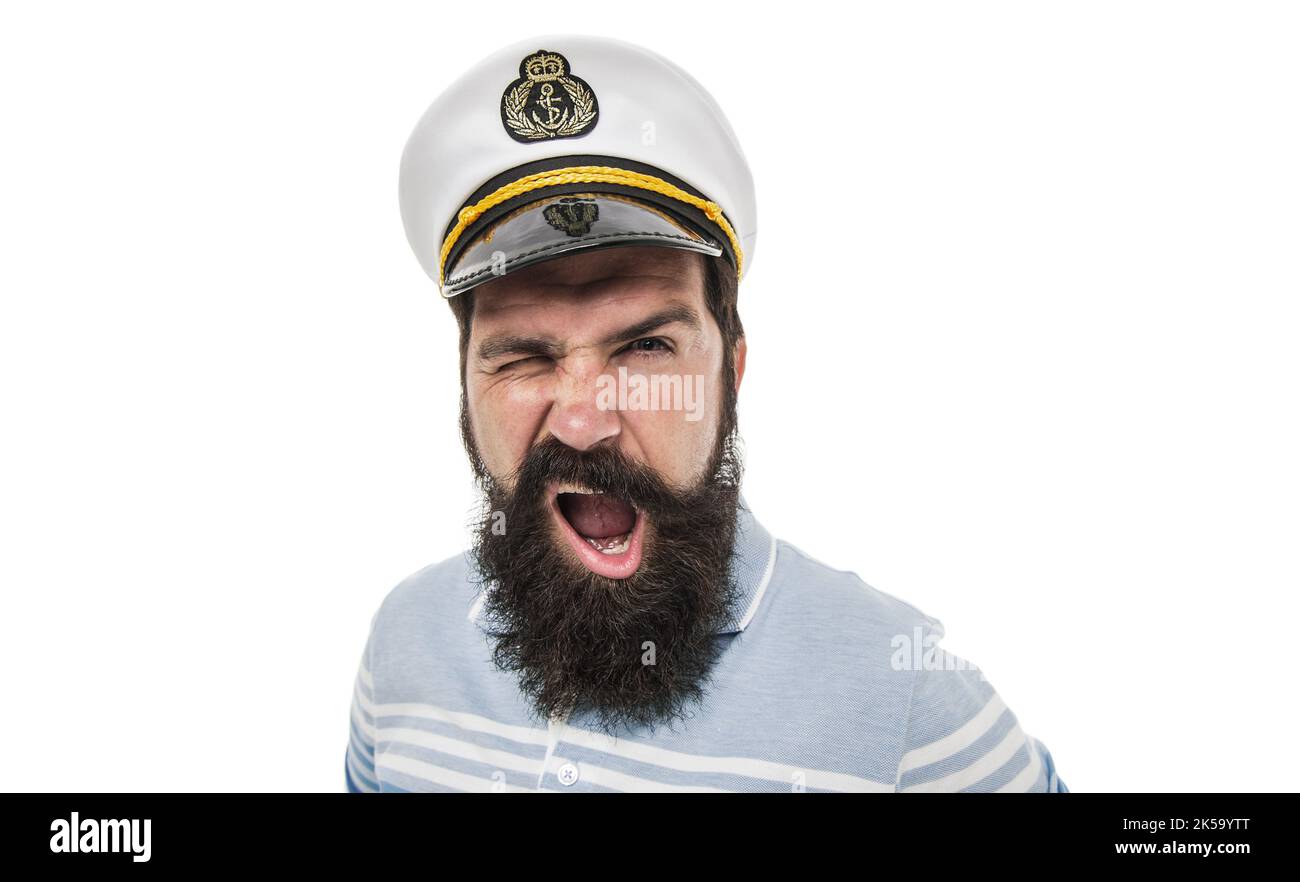 Winking sailor copy space. Bearded sailor isolated on white. Navy and ...