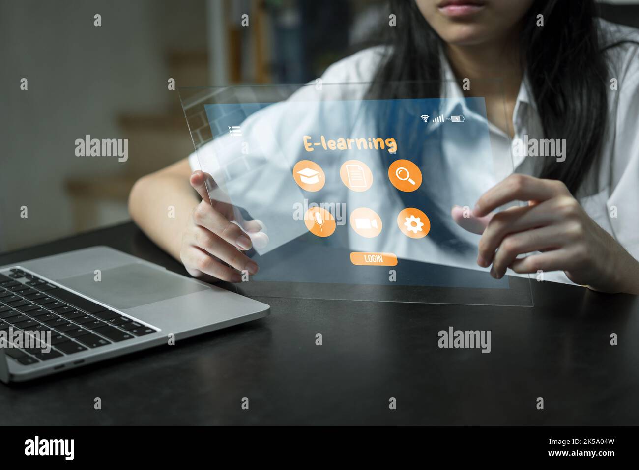 children girl touching screen virtual icon e learning internet online ...